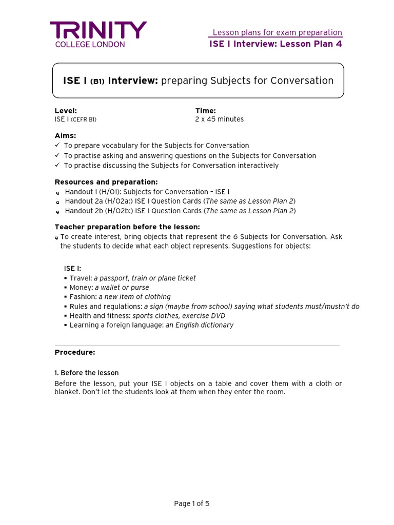 ISE 1 (B1) Interview - Lesson Plan 4 - Preparing the Subjects for ...