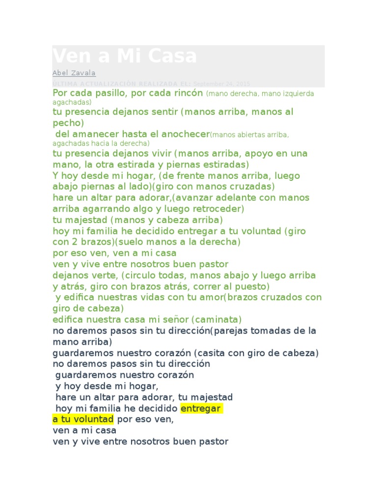 Letra Ven a Mi Casa