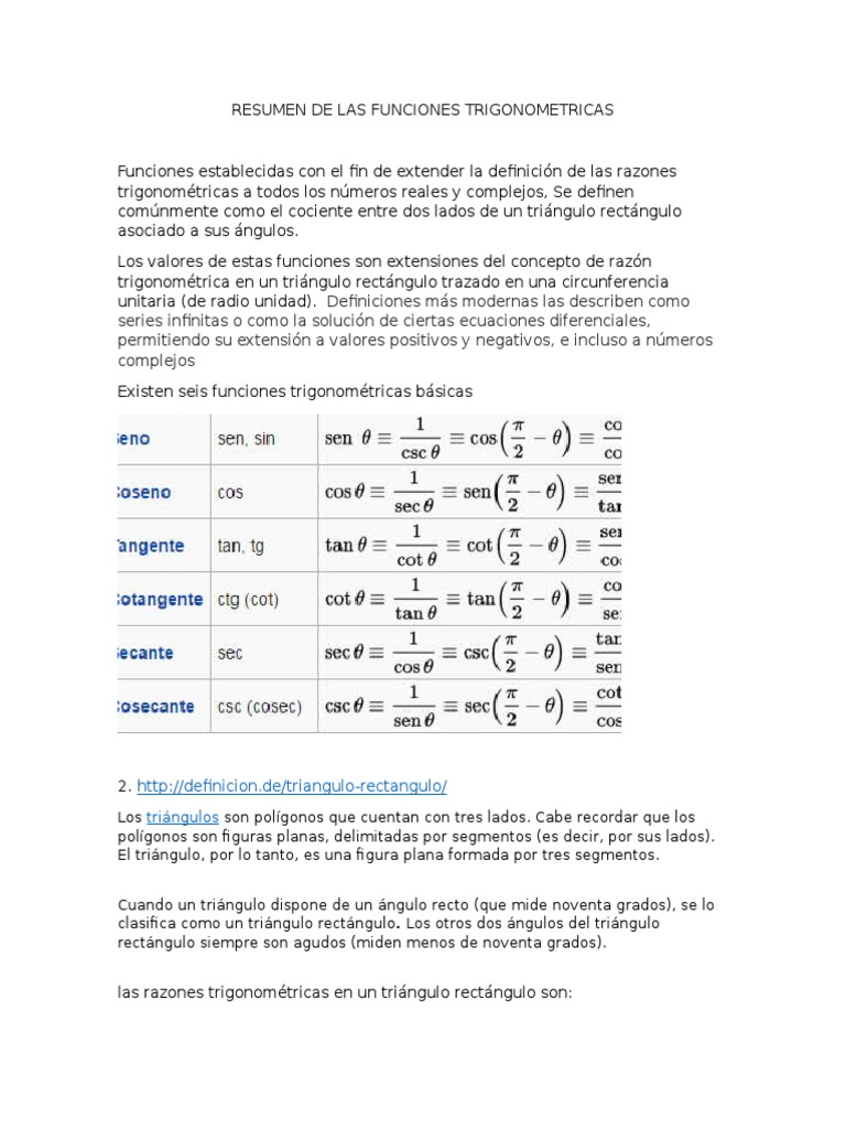 Resumen de Las Funciones Trigonometricas | Descargar gratis PDF | Trigonometría | Funciones ...