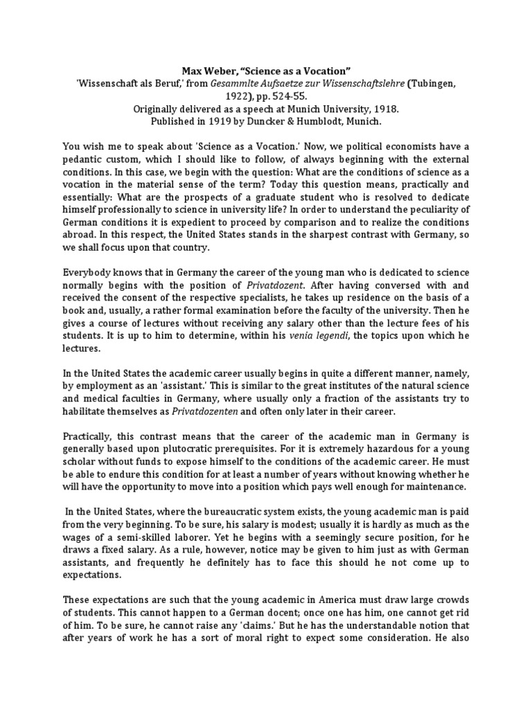 Max Weber: Science As A Vocation | PDF | Max Weber | Jurisprudence