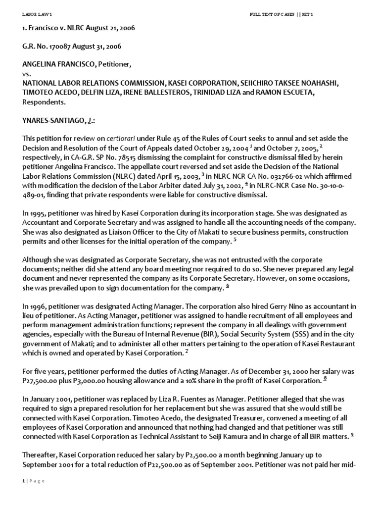 Labor Law Set 1 (Full Cases) | PDF | United States Labor Law | Employment