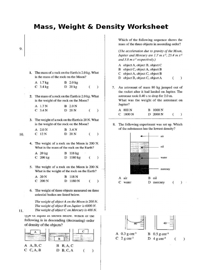 Mass, Weight & Density Worksheet | PDF | Mass | Physical Quantities