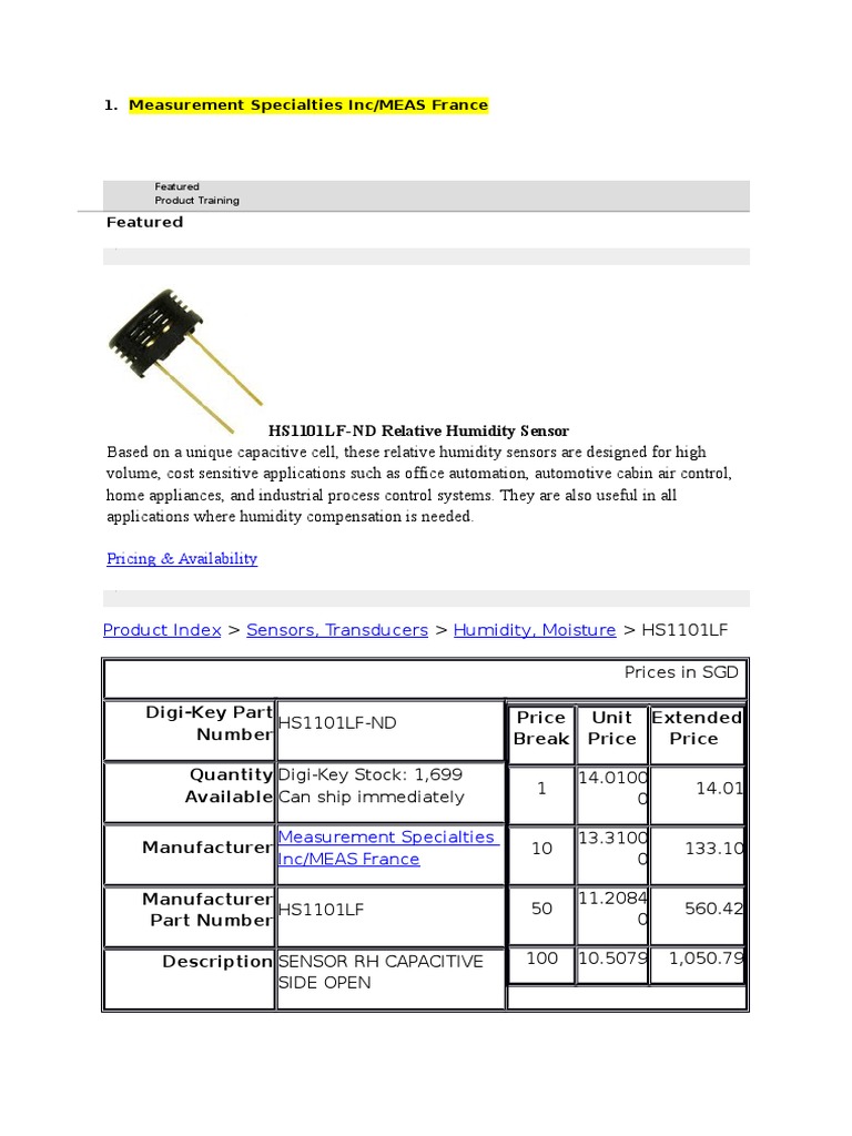 HS1101LF-ND Relative Humidity Sensor: 1. Measurement Specialties Inc ...