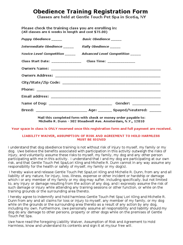 Obedience Training Registration & Waiver | PDF | Obedience Training ...