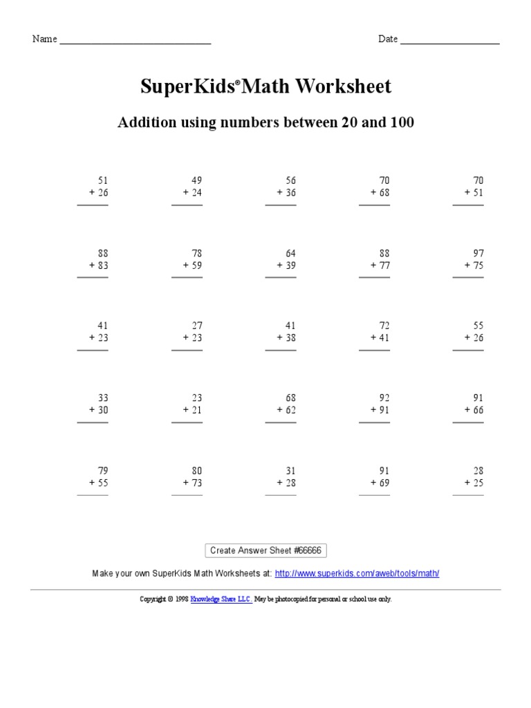 Superkids Math Worksheet: Addition Using Numbers Between 20 and 100 | PDF