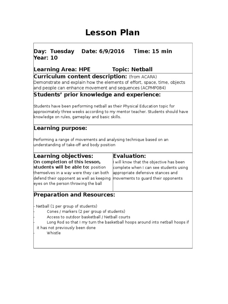 lesson planning netball | Lesson Plan | Physical Education