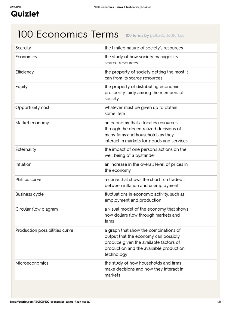 100 Economics Terms Flashcards - Quizlet | PDF | Taxes | Demand