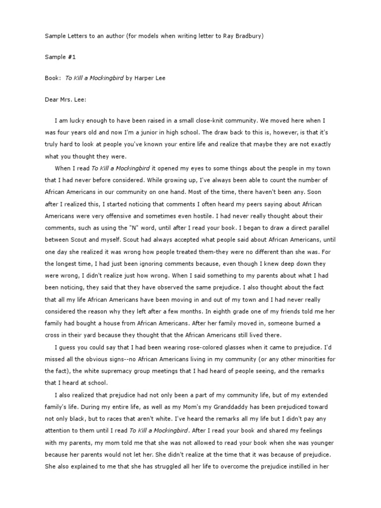 Sample Letters to Authors | To Kill A Mockingbird | Harper Lee | Free ...