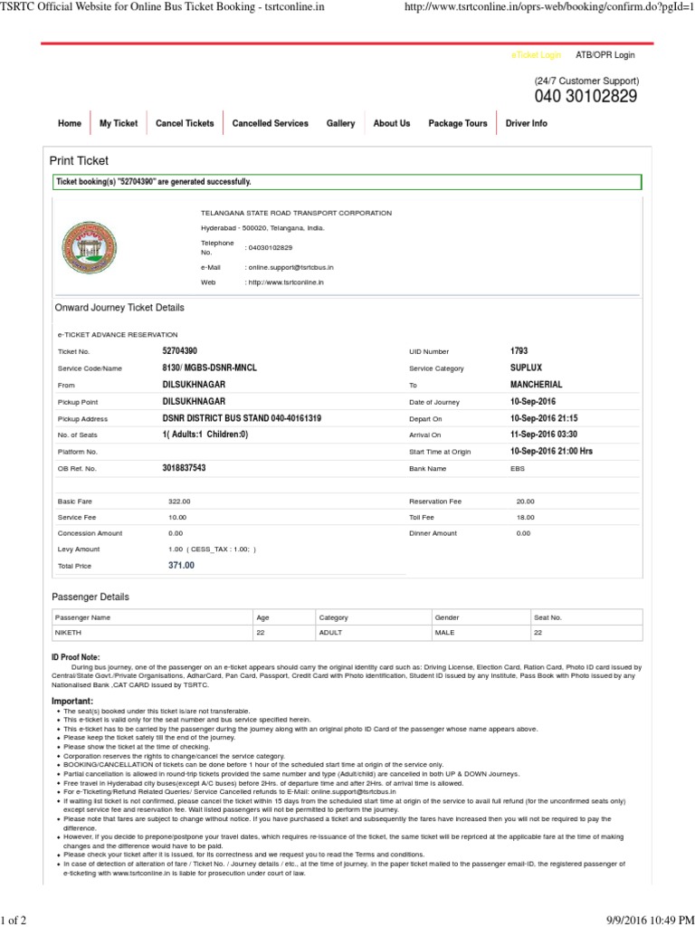 TSRTC Official Website For Online Bus Ticket Booking - Tsrtconline | PDF | Ticket (Admission) | Fare