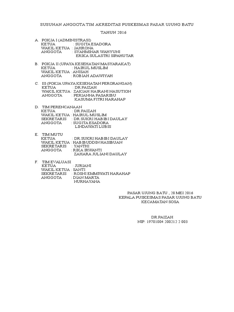 Susunan Anggota Tim Akreditas Puskesmas Pasar Ujung Batu Tahun 2016 | PDF