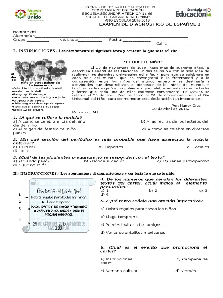 Examen de Diagnóstico de Español 2. Secundaria