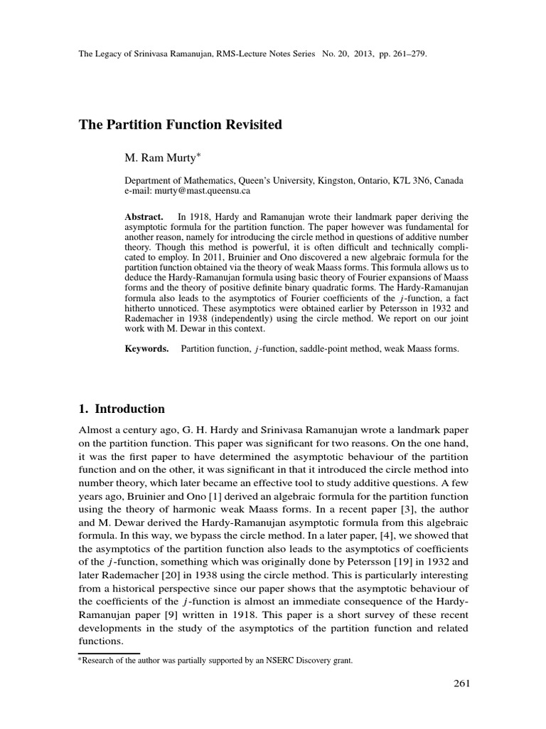 The Partition Function Revisited: M. Ram Murty | PDF | Group Theory ...