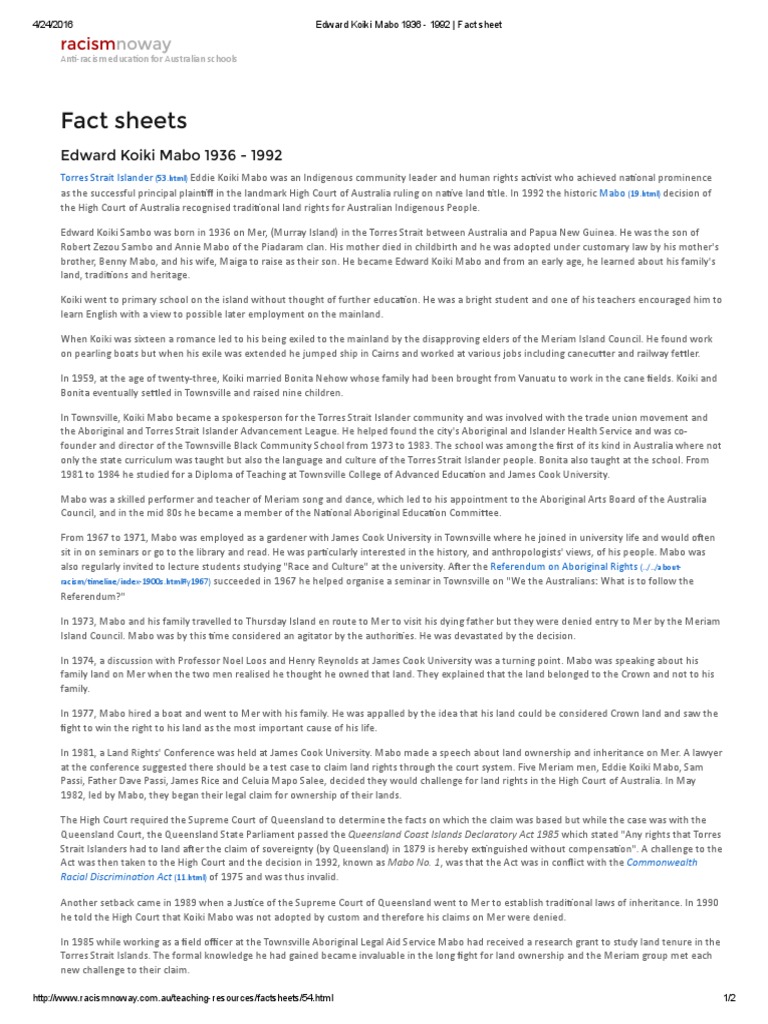 Edward Koiki Mabo 1936 - 1992 - Fact Sheet | PDF | Indigenous ...