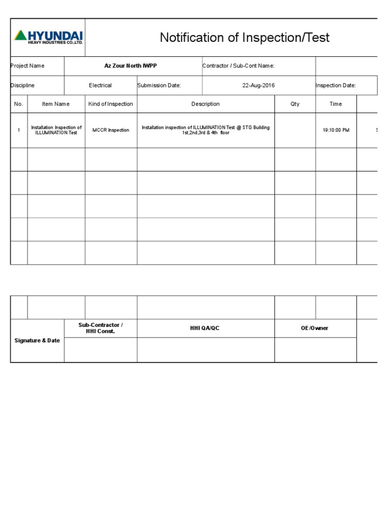 Notification of Inspection/Test: Az Zour North IWPP | PDF