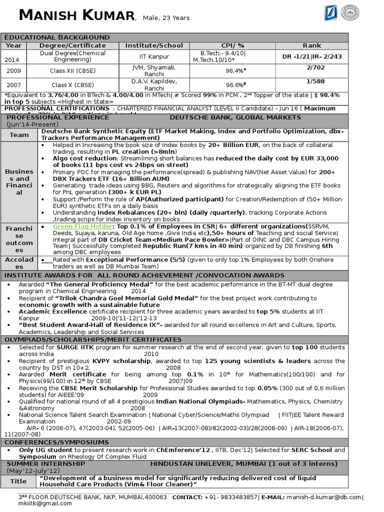 Manish Kumar CV | PDF | Further Education | Business