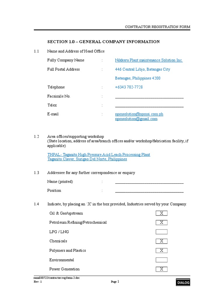 Contractor Registration Form for NPMSI | PDF | Quality Assurance ...