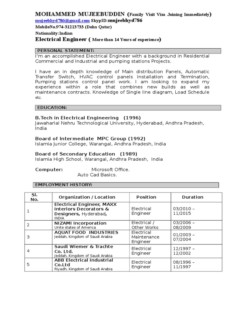 Mujeeb CV | PDF | Construction Management | Power Supply