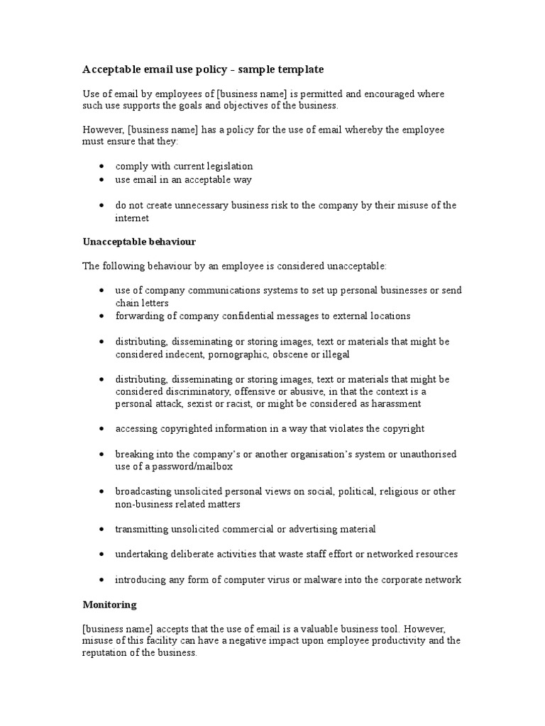 Email Use Policy Template | PDF | Email | Employment