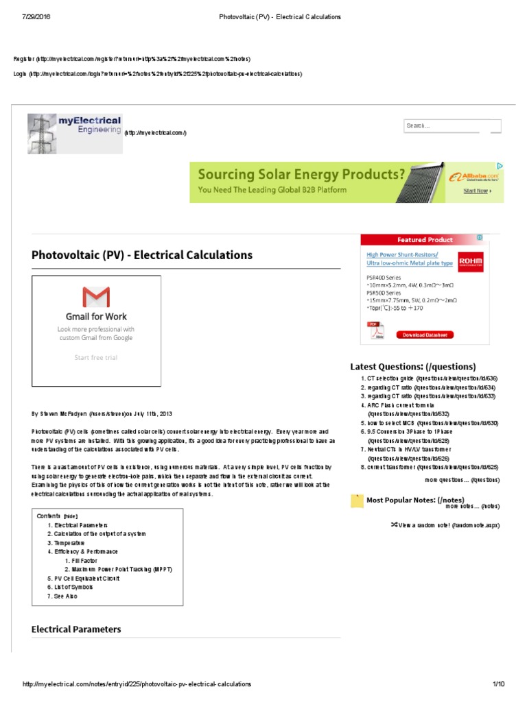Photovoltaic (PV) - Electrical Calculations | PDF | Photovoltaics ...