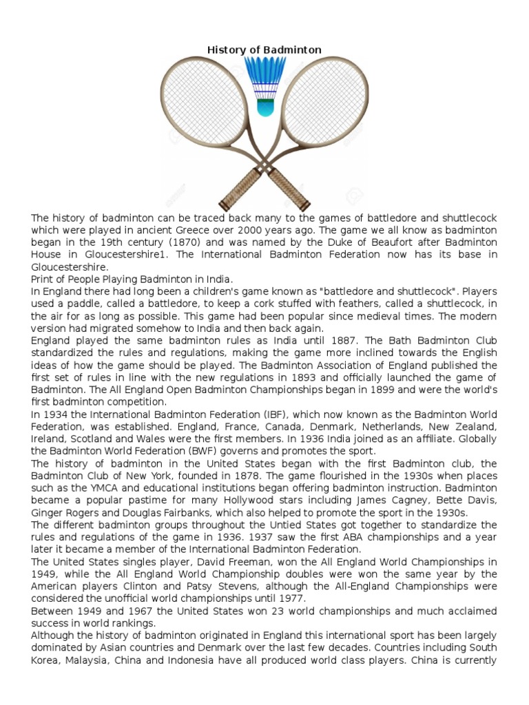 History of Badminton | PDF | Sports | Weaponry