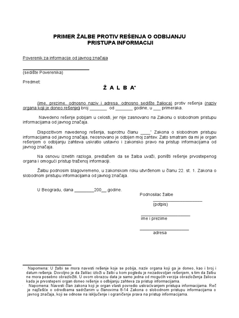 Primer Zalbe Protiv Resenja o Odbijanju | PDF