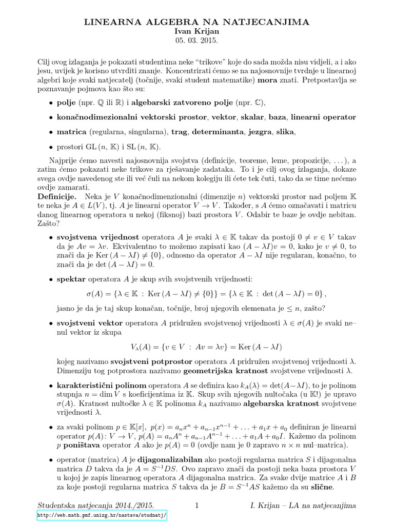 Ivan Krijan - LINEARNA ALGEBRA NA NATJECANJIMA PDF | PDF