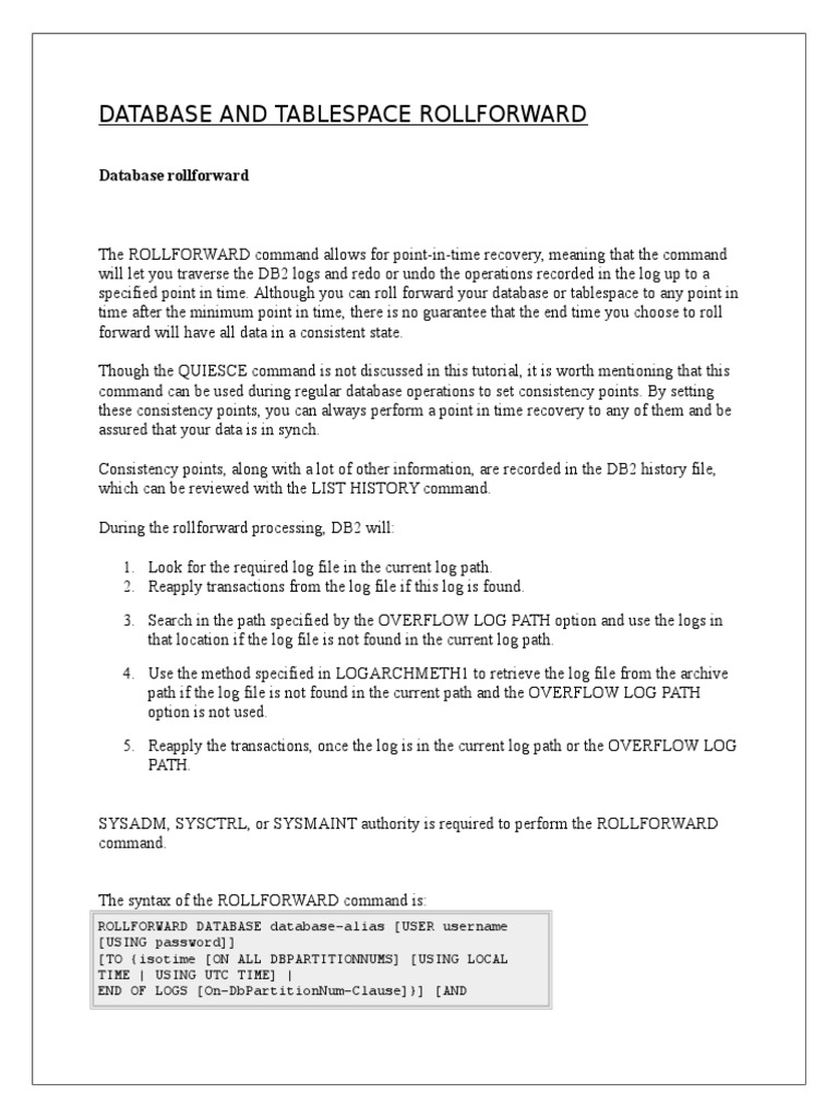 DB2 Database & Tablespace Rollforward | PDF | Backup | Databases