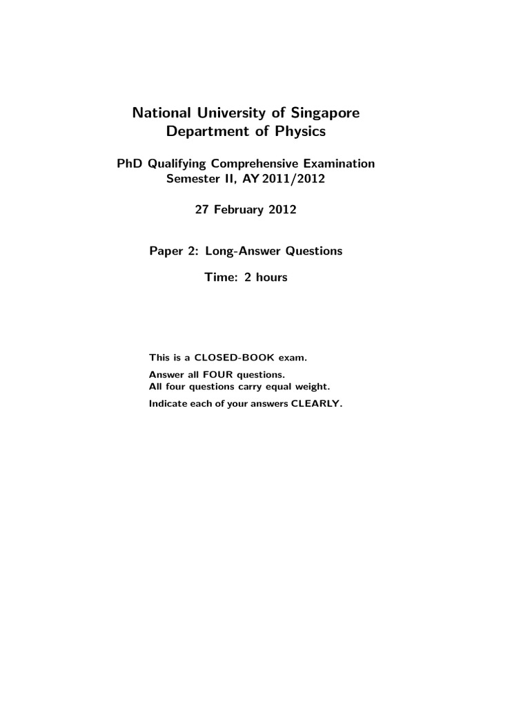 PHD Qualifying Exam NUS Physics | PDF | Condensed Matter Physics | Force