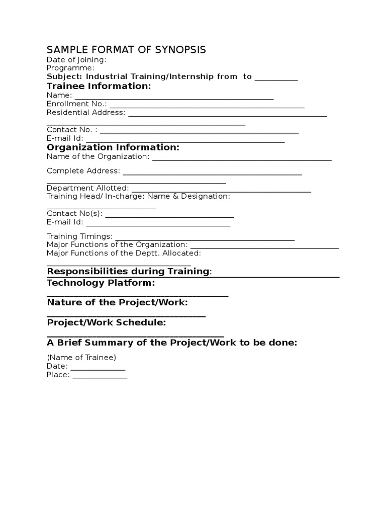 Sample Format of Synopsis: Subject: Industrial Training/Internship From ...