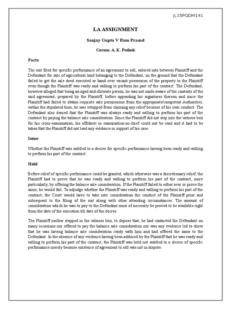 La Assignment: Sanjay Gupta V Ram Prasad | PDF | Estoppel | Lawsuit