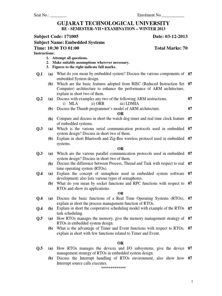 Embedded Systems Exam Questions Covering ARM Architecture, Real-Time Operating Systems ...