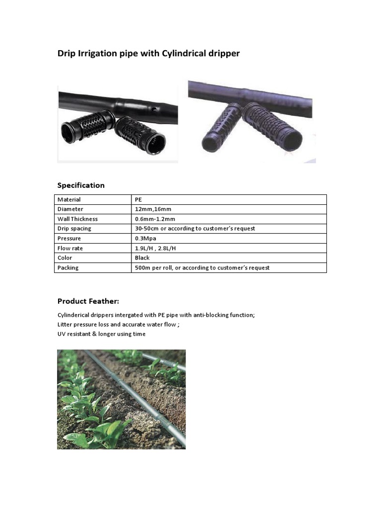 Drip Irrigation Pipe With Cylindrical Dripper: Specification | PDF