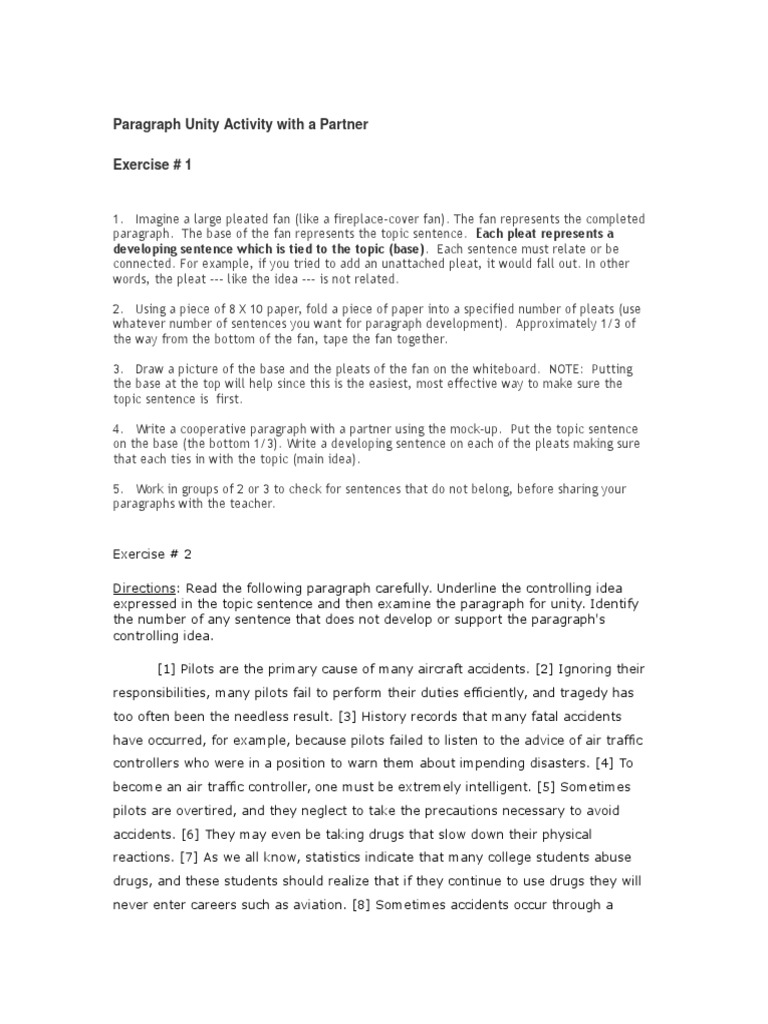 Paragraph Unity Activity with a Partner: Exercises to Practice ...