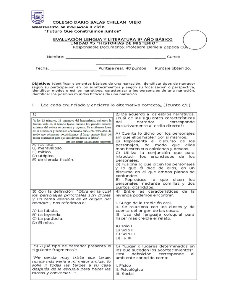 Evaluación UNIDAD 5 HISTORIAS DE MISTERIO 8° | Narración | Comillas