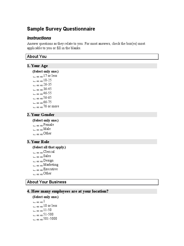 Sample Survey Questionnaire: Instructions | PDF