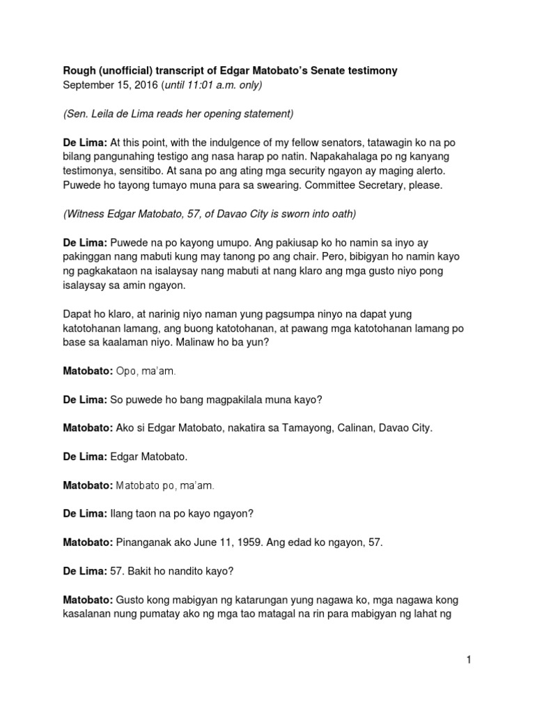 Rough (Unofficial) Transcript of Edgar Matobato's Senate Testimony | PDF