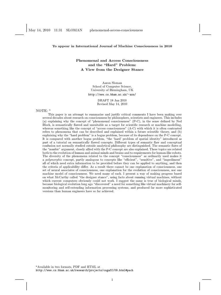Phenomenal Access Consciousness | PDF | Consciousness | Concept