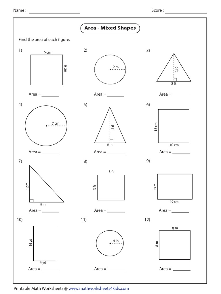 Find area of mixed shapes math worksheet | PDF
