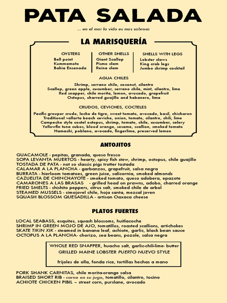 Pata Salada Menu