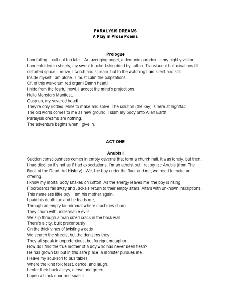 Paralysis Dreams A Play in Prose Poems | PDF