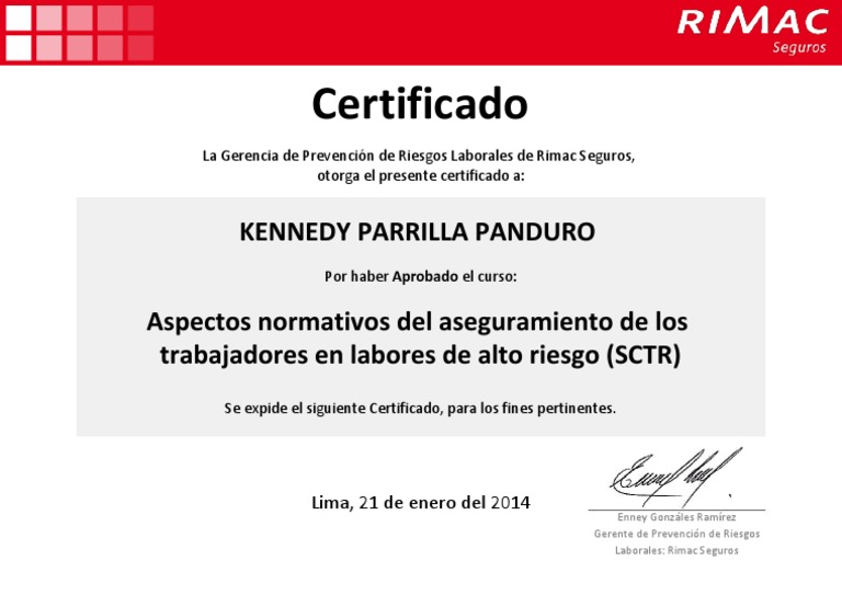 Certificado Kennedy Parrilla Panduro 2 | PDF