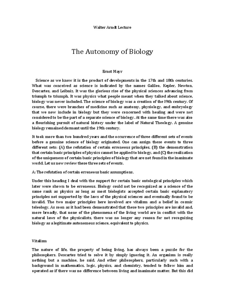 The Autonomy of Biology | PDF | Natural Selection | Reductionism
