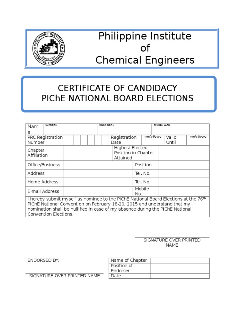 Philippine Institute of Chemical Engineers: Certificate of Candidacy ...
