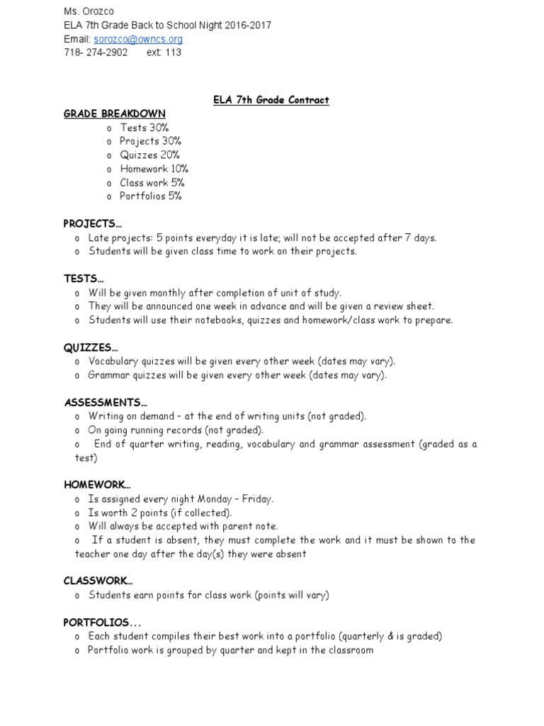 ELA 7th Grade Contract Grade Breakdown | PDF | Reading (Process) | Homework