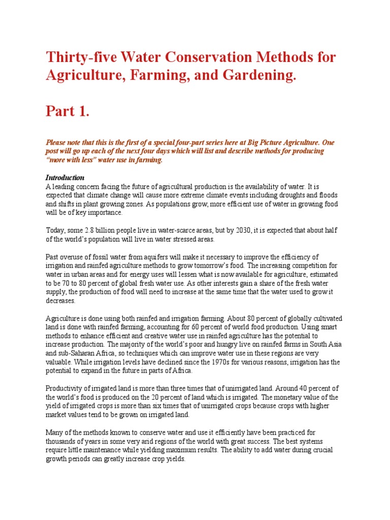 Thirty-five Water Conservation Methods for Agriculture, Farming, And ...