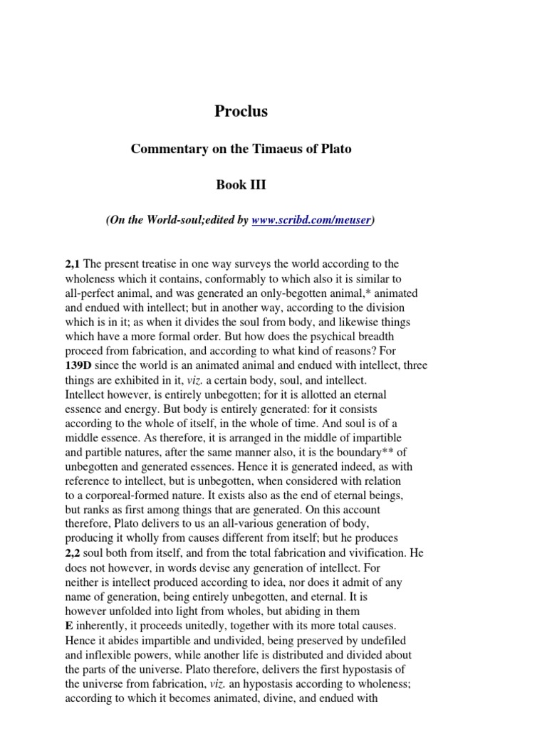 Proclus Commentary On The Timaeus of Plato, Book Three: On The World ...