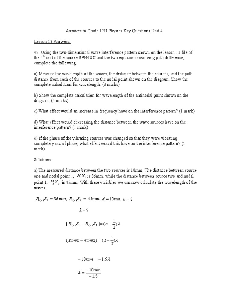 Answers To Grade 12U Physics Key Questions Unit 4 | PDF | Diffraction | Interference (Wave ...