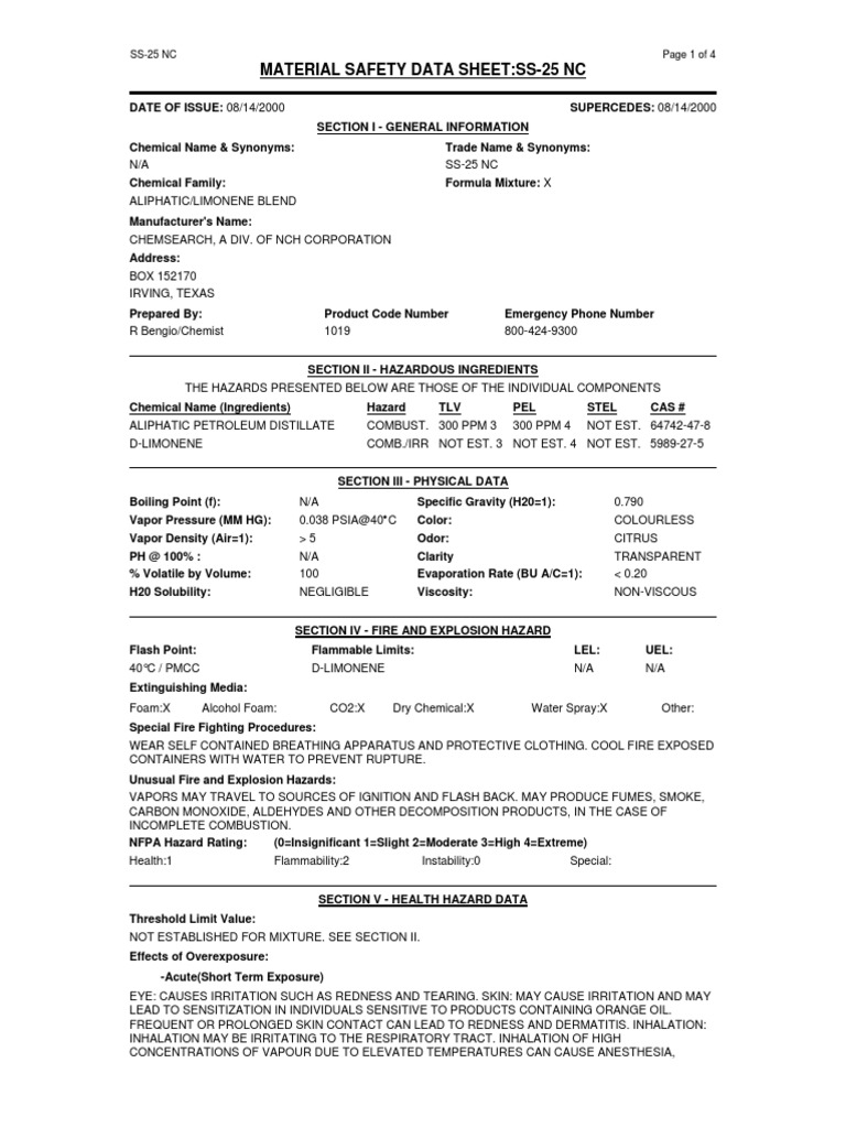 MSDS for SS-25 NC Aliphatic/Limonene Blend | PDF | Hypothermia | Smoke