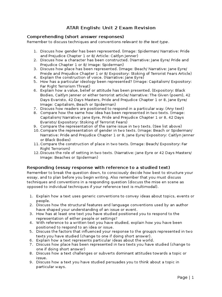 ATAR English Unit 2 Exam Revision Questions | PDF | Prejudices | Narrative