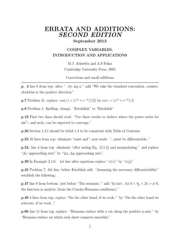 Ablowitz M. J. & Fokas A. S. - Complex Variables (2003) Errata | PDF | Space | Complex Analysis